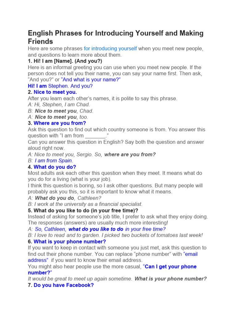 English Phrases For Introducing Yourself and Making Friends | PDF ...