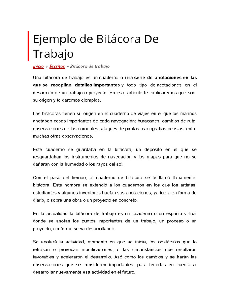 Ejemplo de Bitácora de Trabajo | PDF | Cuaderno | Blog