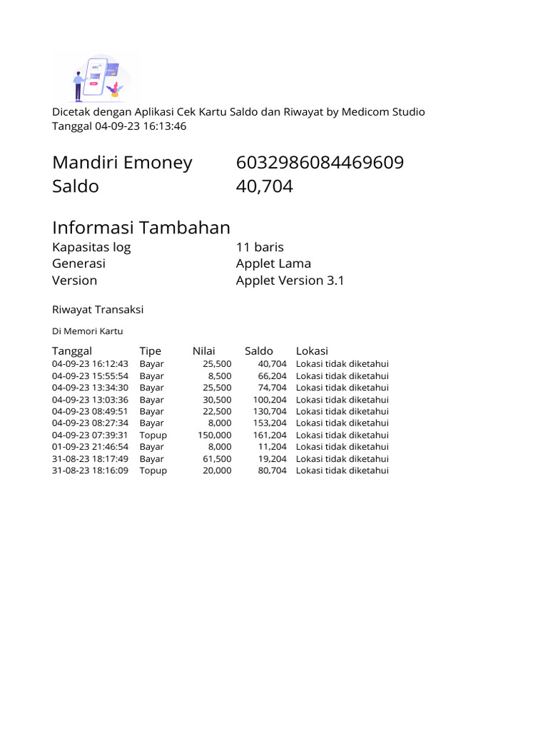 Mandiri Emoney 6032986084469609 Saldo 40,704 Informasi Tambahan | PDF