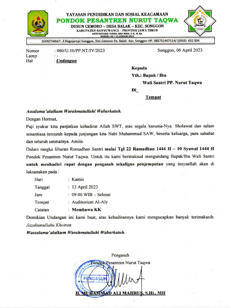 Surat Undangan Wali Santri | PDF