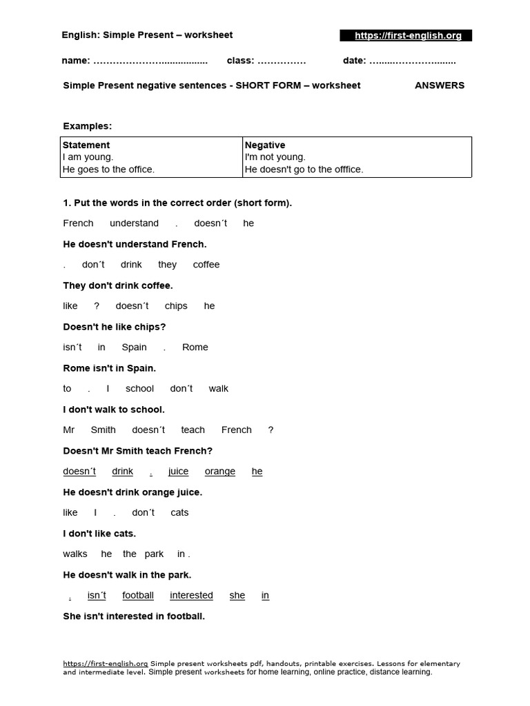 Simple Present 85 Negatives Word Order Worksheet | PDF