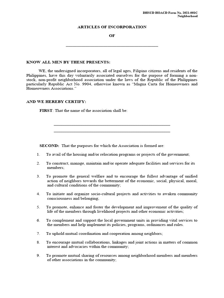 Articles of Incorporation - Homeowners Association | PDF