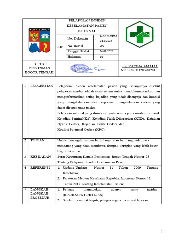 Sop Pelaporan Insiden Keselamatan Pasien Internal | PDF
