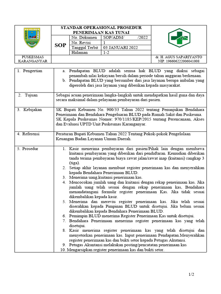 Sop Penerimaan Kas 2023 | PDF