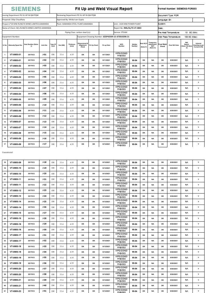 Siemens: Fit Up and Weld Visual Report | PDF | Pipe (Fluid Conveyance ...