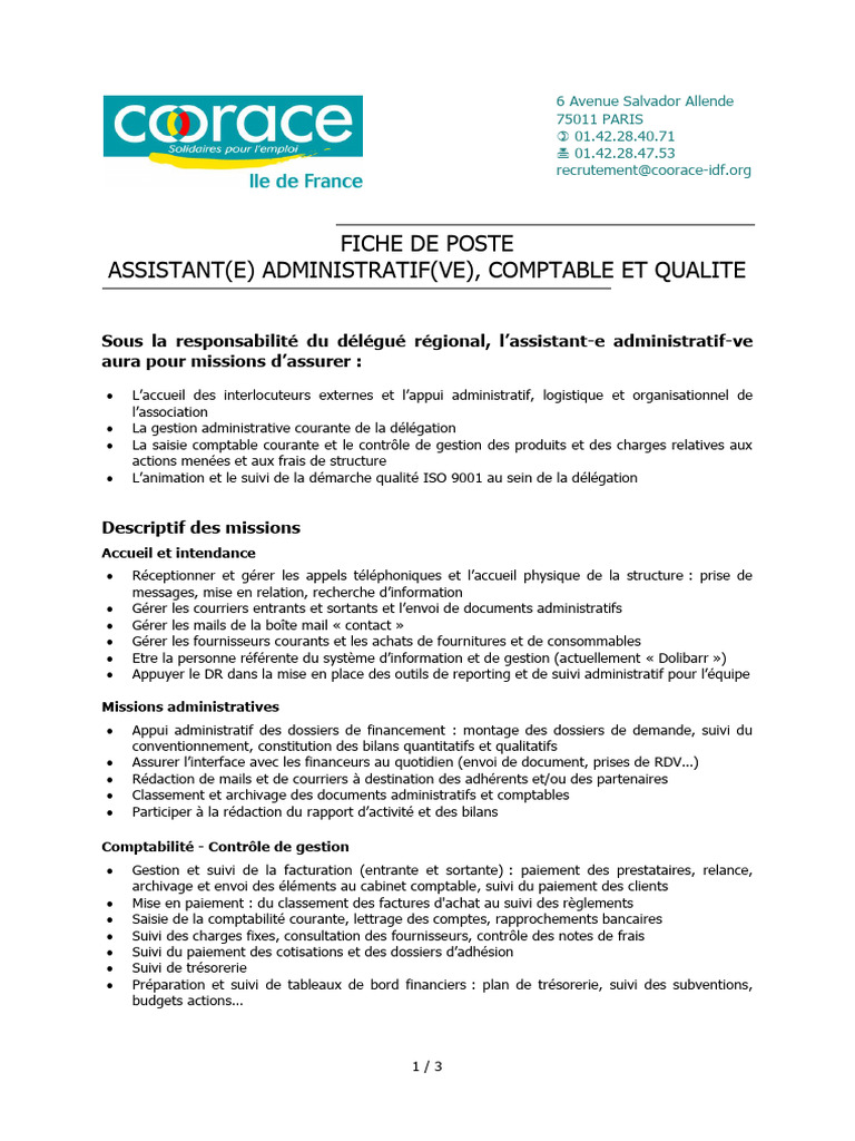 Fiche de Poste Assistant-E Administratif-Ve Comptable Et Qualite | PDF