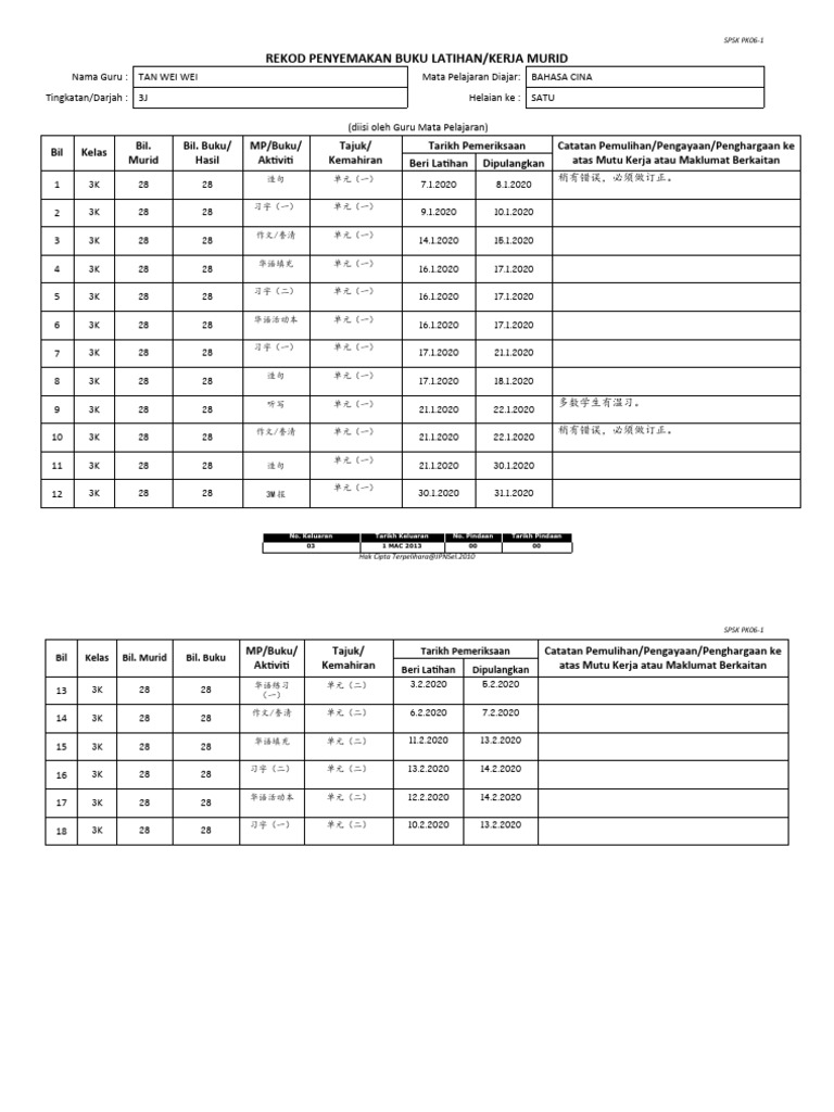 PK06-1 Rekod Penyemakan Buku Latihan - GMP JAN-FEB | PDF
