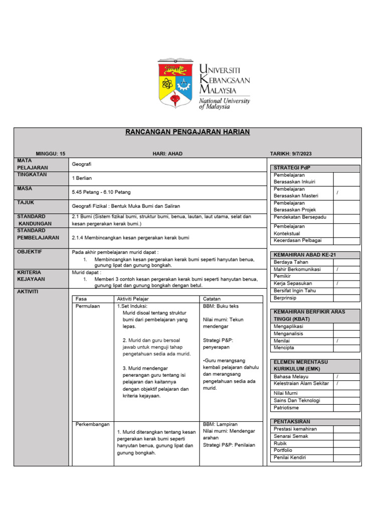 Rancangan Pengajaran Geografi Form 2 | PDF