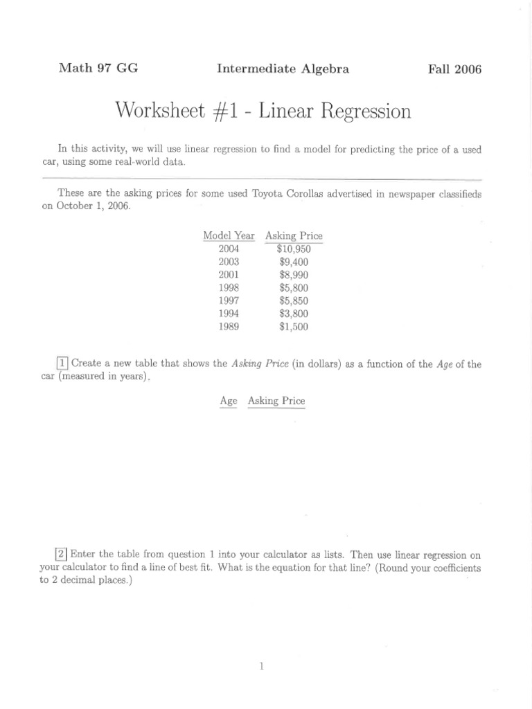 Linear Regression Worksheets | PDF