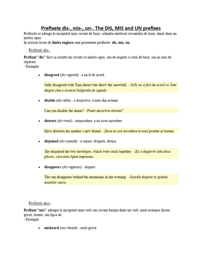 Prefixele Dis-, Mis-, Un-. The DIS, MIS and UN Prefixes | PDF