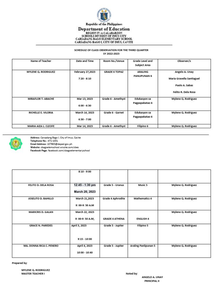 3rd Quarter Schedule of Class Observation 2 | PDF
