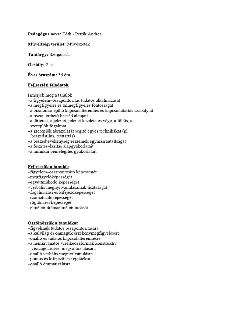 Színjátszás Tanmenet 2. Osztály | PDF