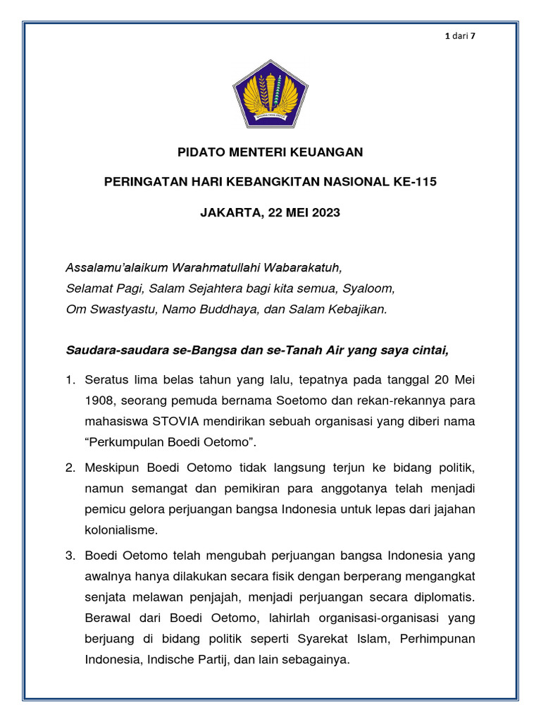 V04 - 20230522 - SP - MK - Pidato Upacara Harkitnas Ke-115 | PDF