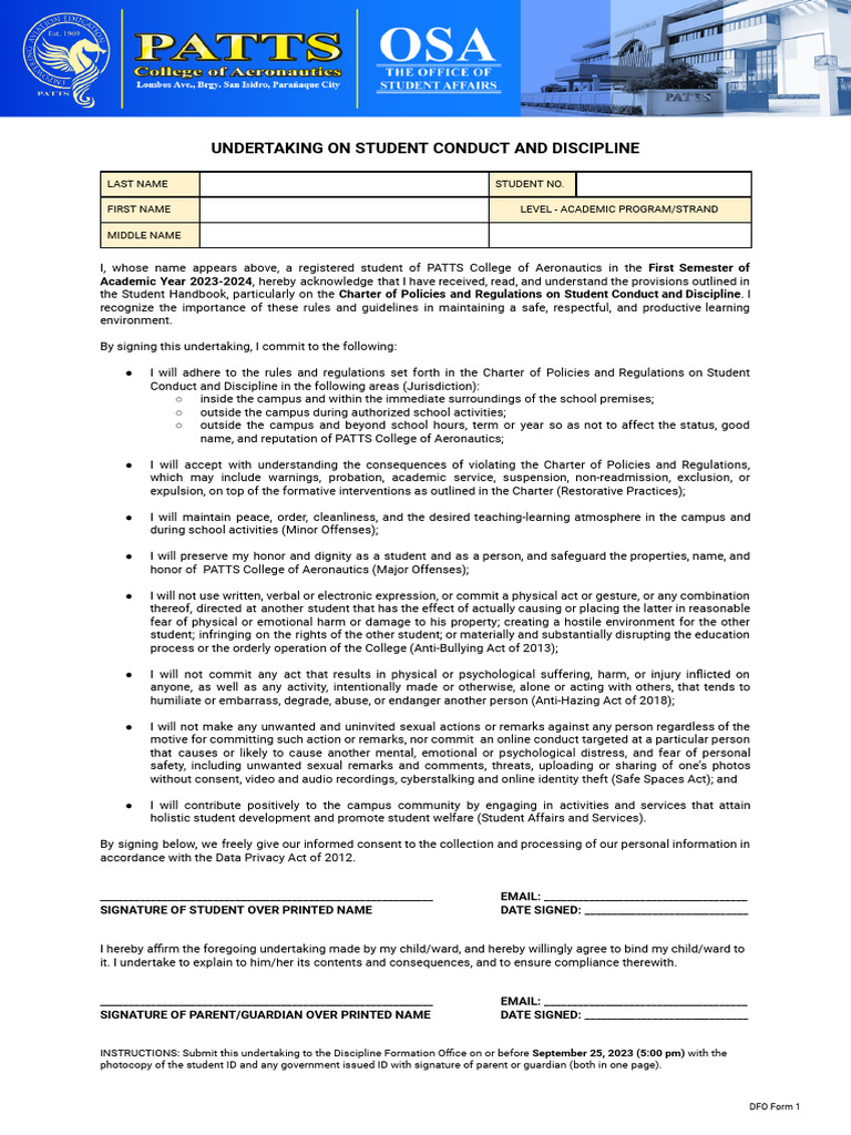Undertaking On Student Conduct and Discipline 012324 | PDF