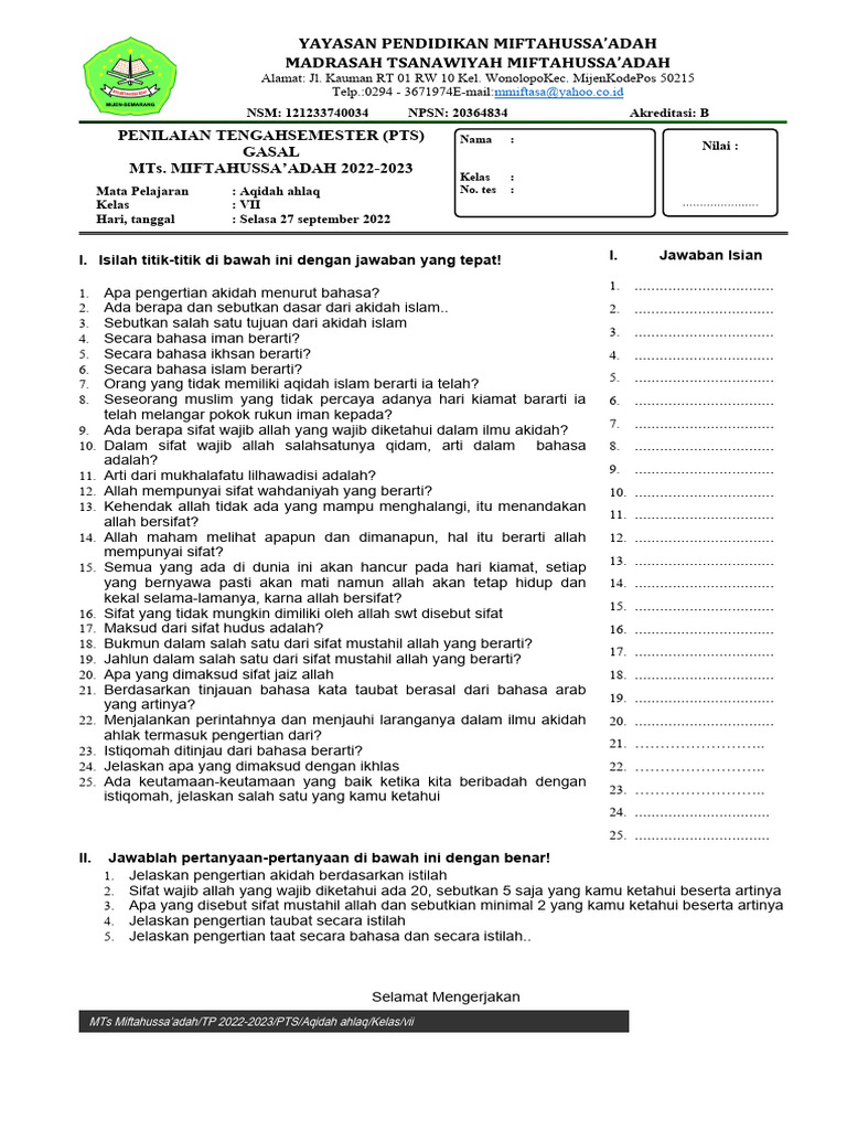 Kop PTS Gasal 22-23 (1) Mentahan | PDF