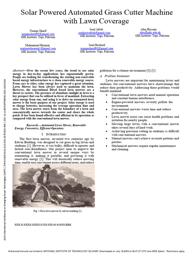 Solar Powered Automated Grass Cutter Machine With Lawn Coverage | PDF