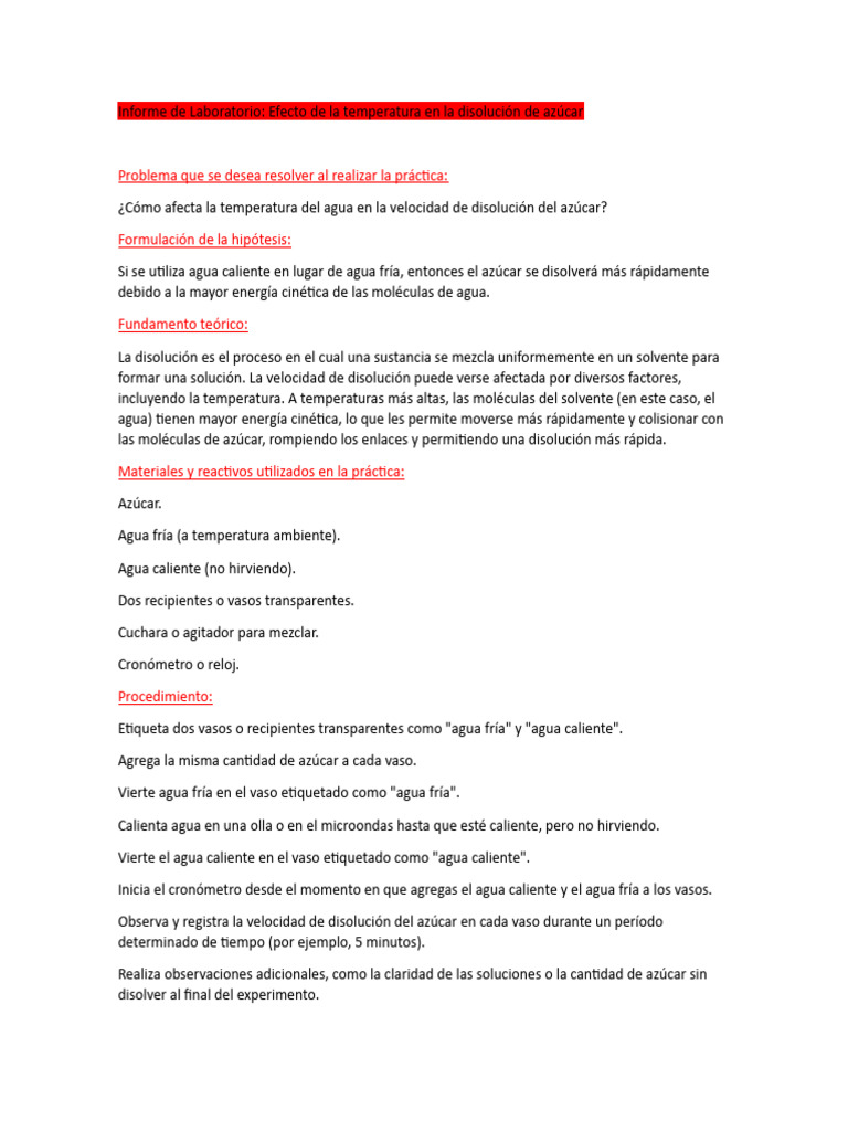 Efecto de la temperatura en la disolución de azúcar | PDF | Agua ...