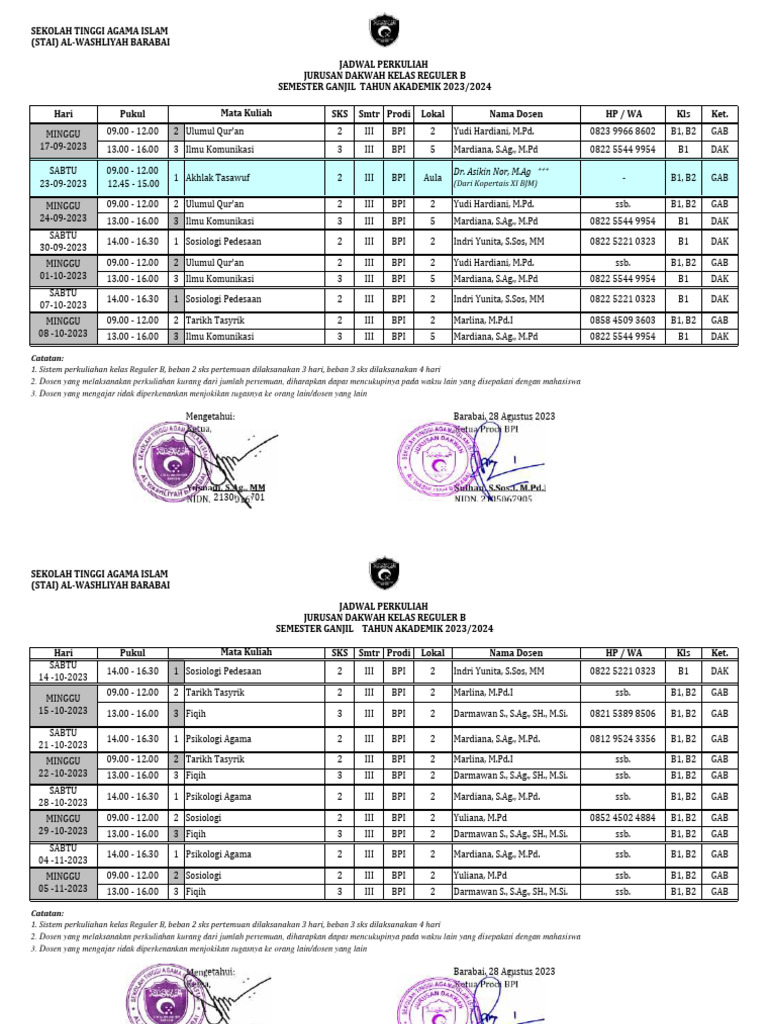 BPI B III Jadwal Ganjil 2023-2024 - Ok | PDF