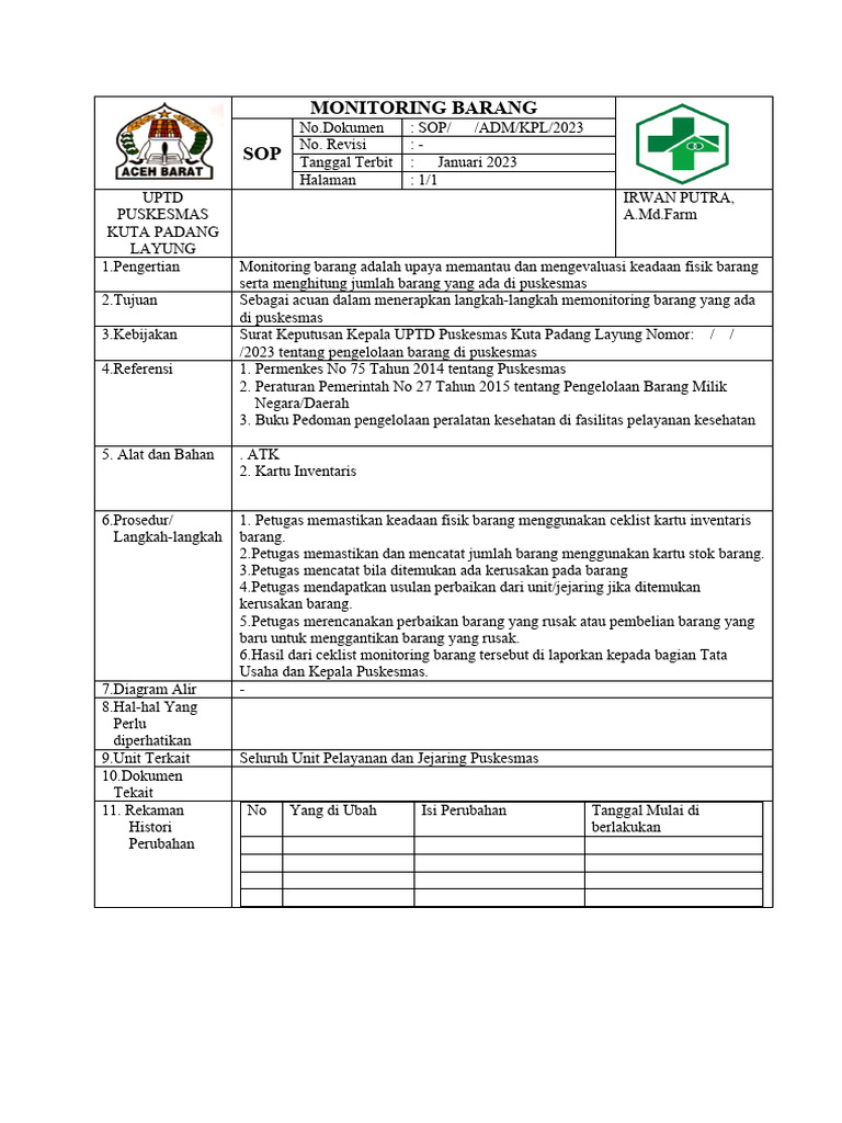 SOP Monitoring Barang Puskesmas | PDF