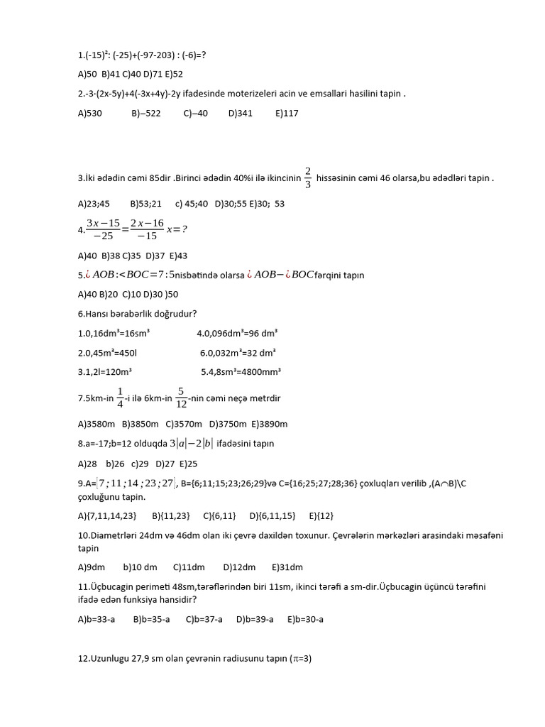 Riyaziyyat 7ci Sinif Suallar | PDF