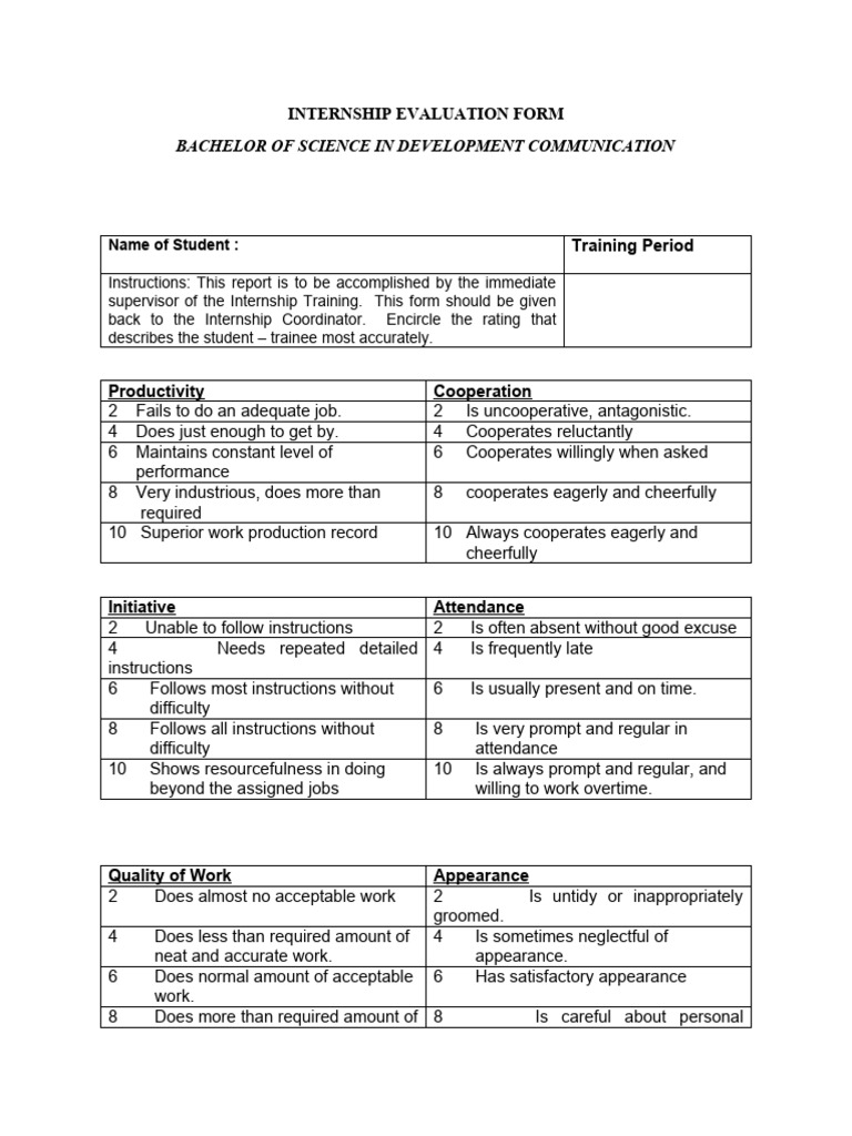 Internship Evaluation Form | PDF