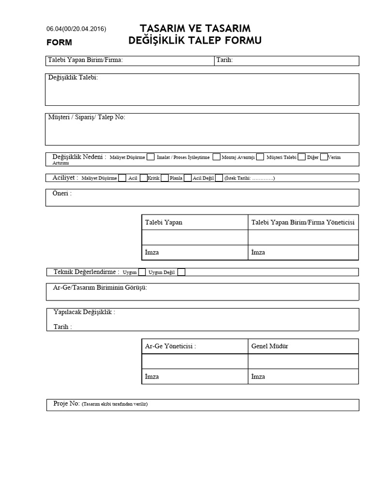 06.04 Tasarim Ve Tasarim Degisiklik Talep Formu | PDF