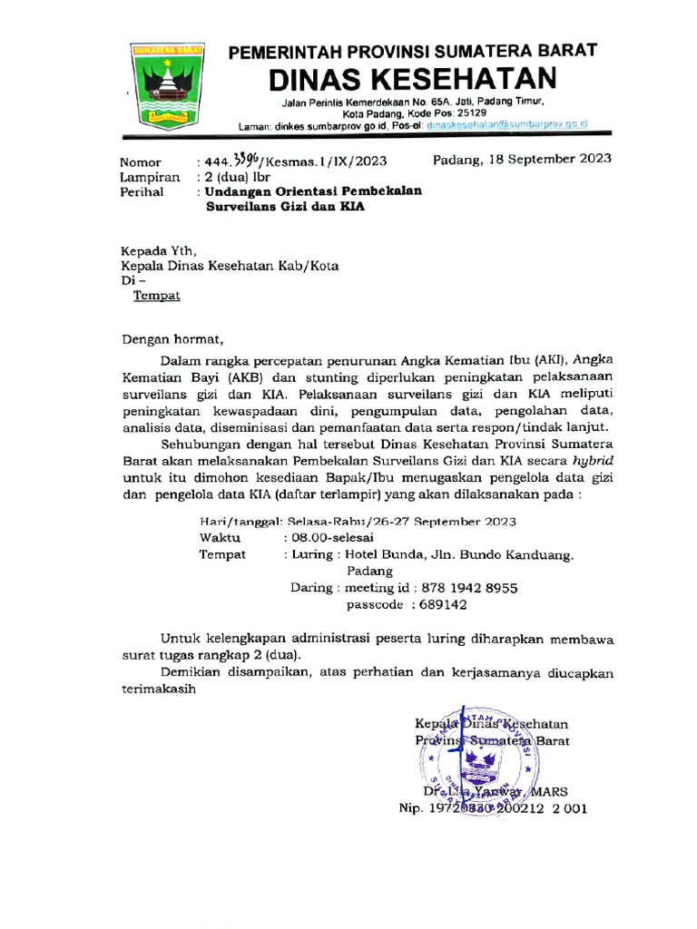 Surat Undangan Orientasi Pembekalan Surveilans Gizi Dan KIA Ok | PDF