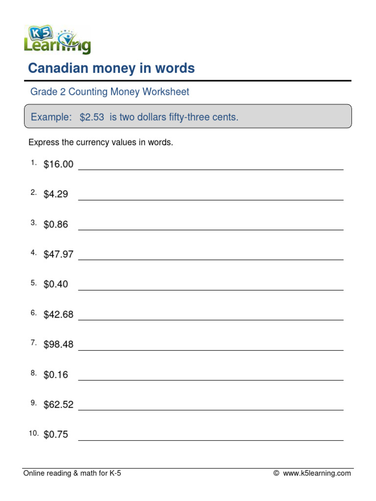 Grade 2 Canadian Money in Words A | PDF | Cooking, Food & Wine