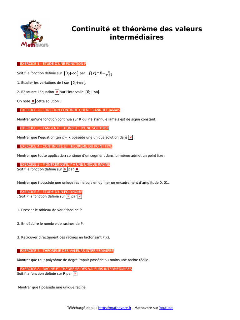 Continuite Et Theoreme Des Valeurs Intermediaires Exercices Corriges de ...