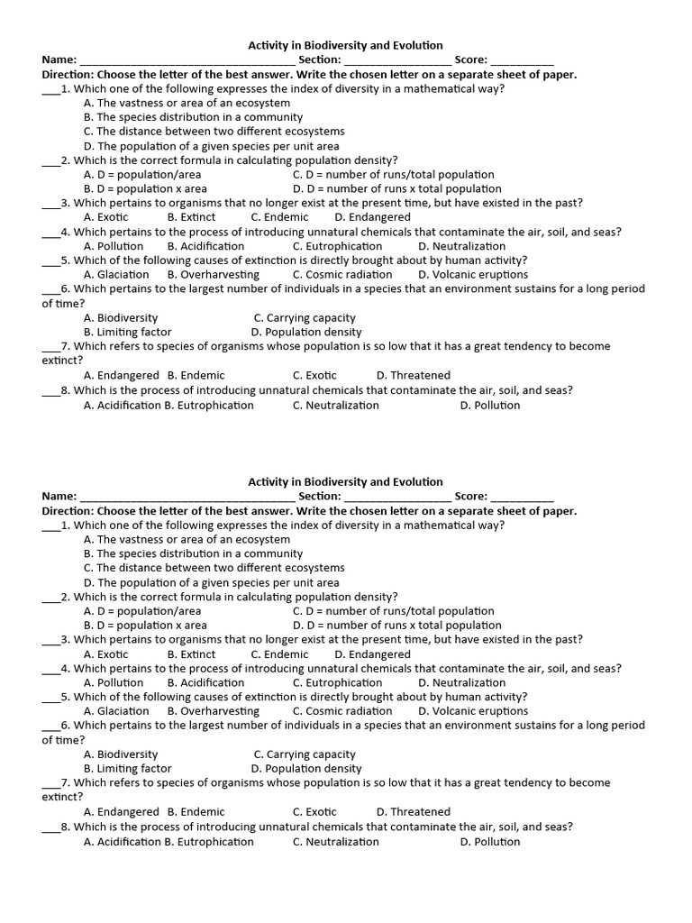 Biodiversity and Evolution Quiz Questions | PDF | Biodiversity ...