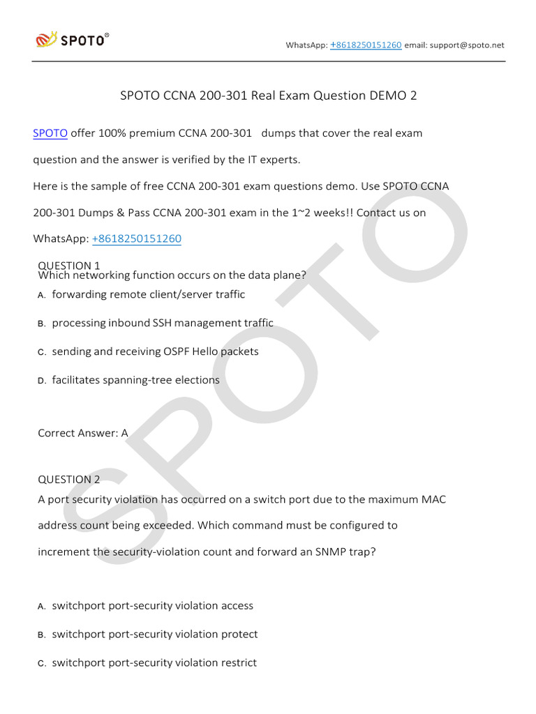 SPOTO CCNA 200-301 Exam Questions Demo | PDF | Computer Network | Port ...