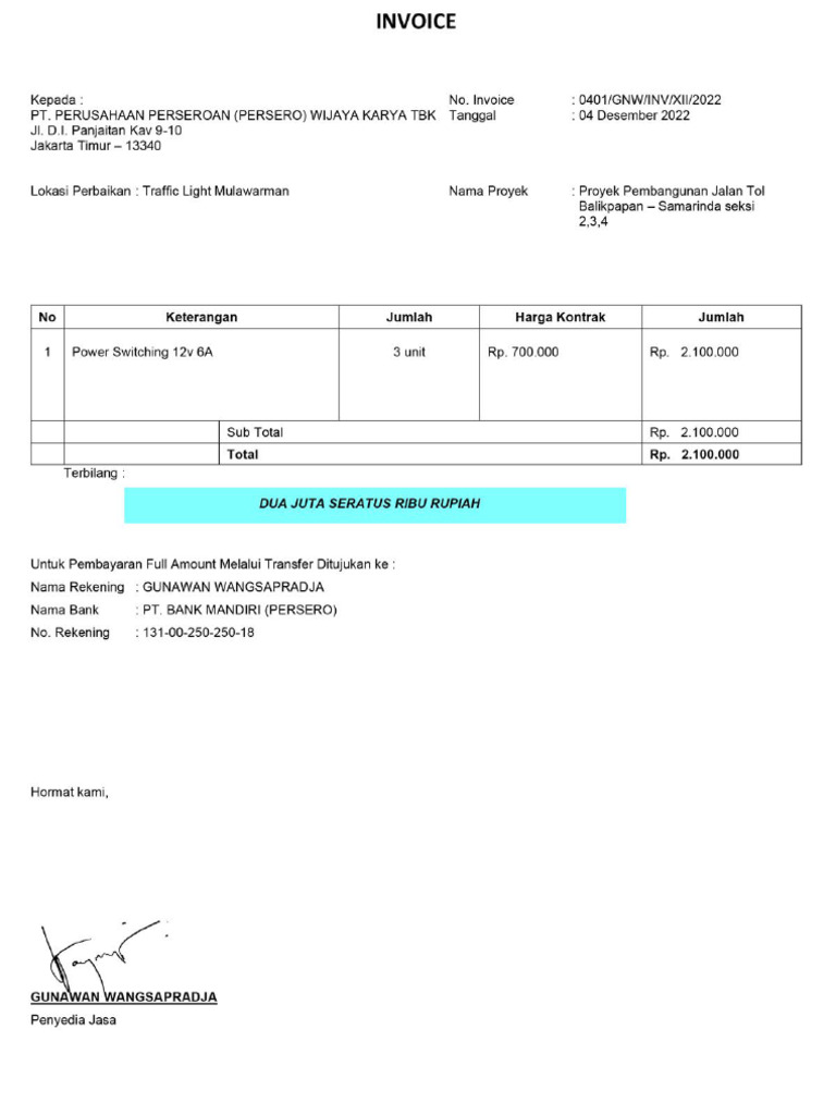 Invoice - 0401 - GNW - Inv - Xii - 2022 - TTD | PDF
