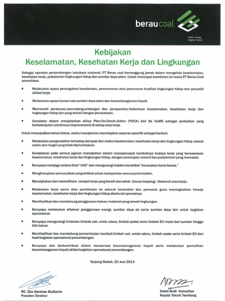 Kebijakan K3L PT Berau Coal 2013 | PDF