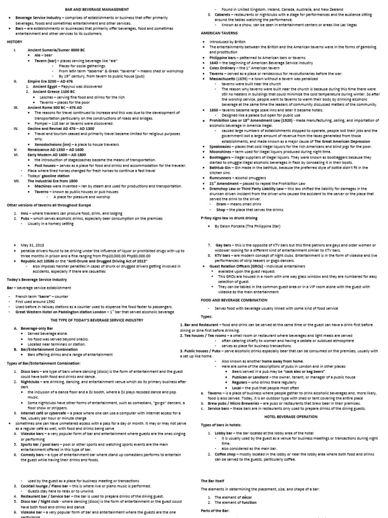 Bar and Beverage Management Reviewer | PDF | Bar (Establishment) | Pub