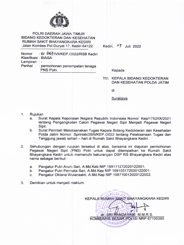 permohonan penempatan tenaga PNS POLRI | PDF