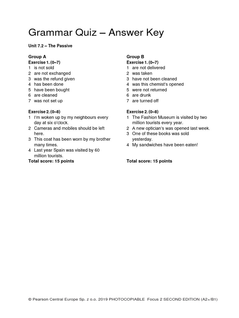 Focus 2 2ed Grammar Quiz Unit 7.2 GroupA B ANSWERS | PDF
