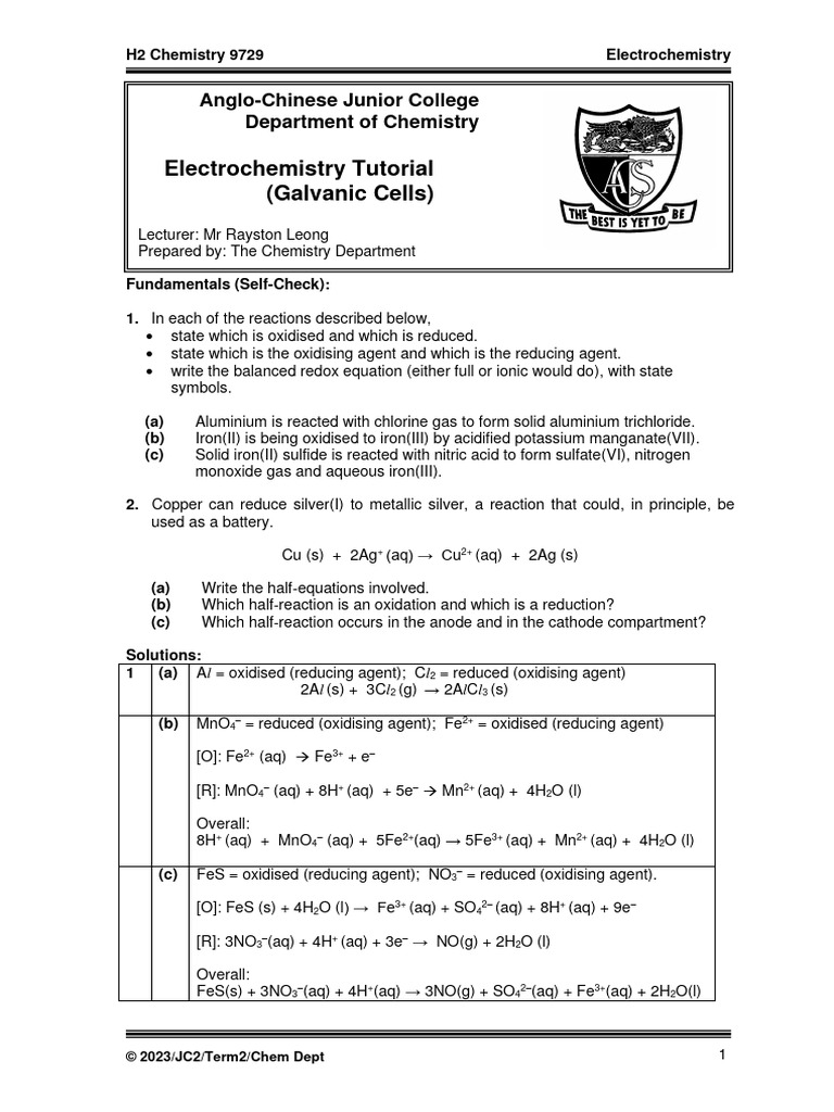 Electrochemistry Tutorial 2023 Qns and Ans | PDF | Science ...