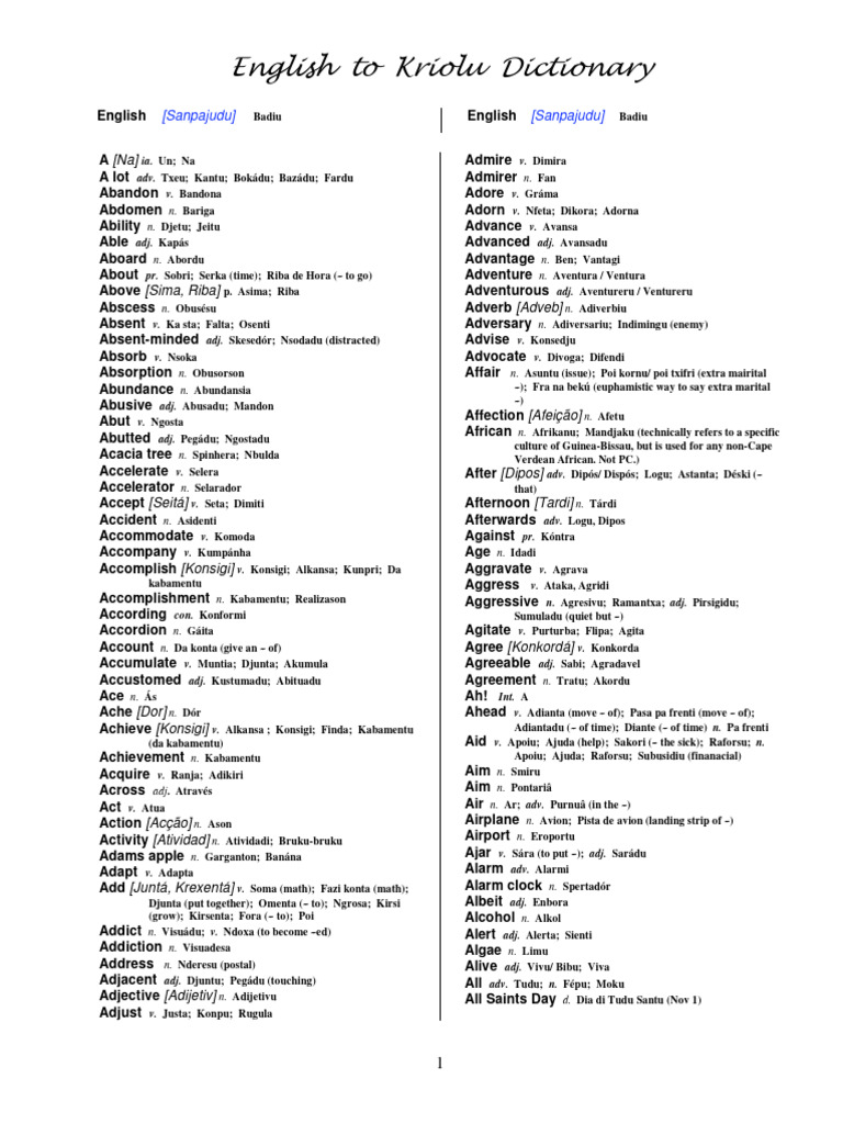 English-Kriolu Dictionary Guide | PDF | Phaseolus Vulgaris