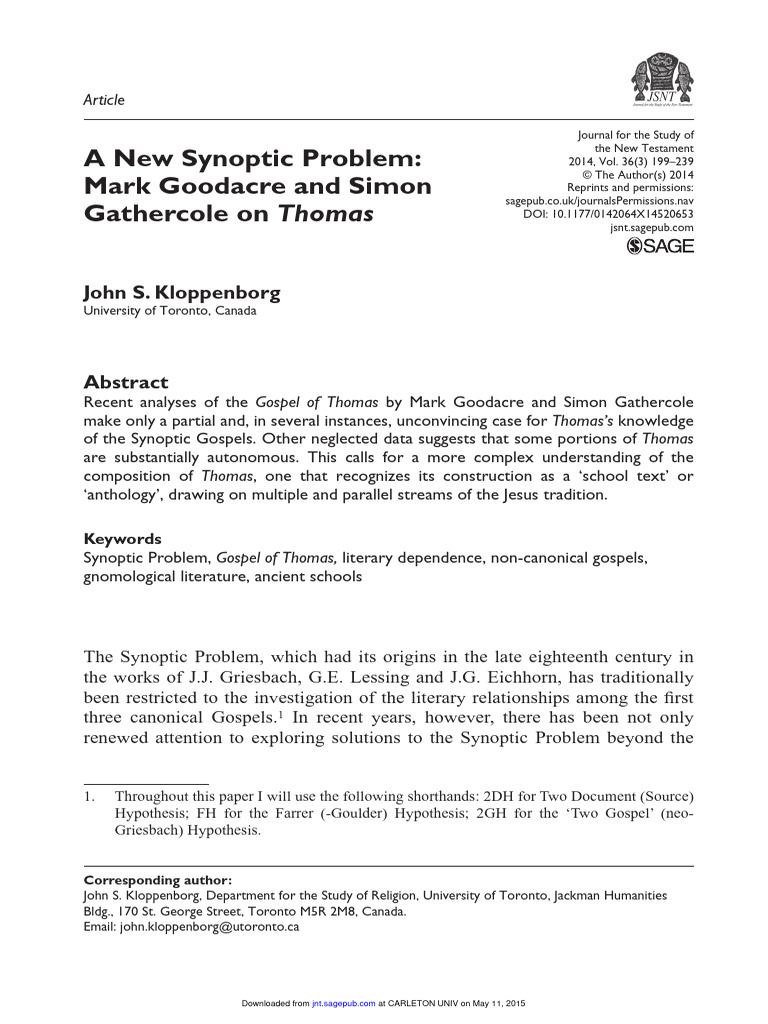 A New Synoptic Problem, Mark Goodacre and Simon Gathercole On Thomas ...