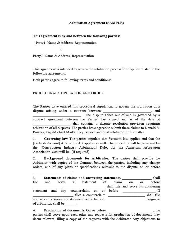 Sample Arbitration Agreement Template | PDF | Arbitration | Expert Witness