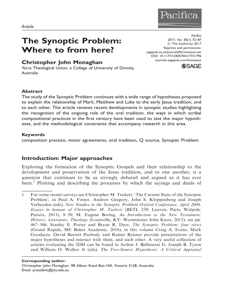 The Synoptic Problem, Where To From Here | PDF