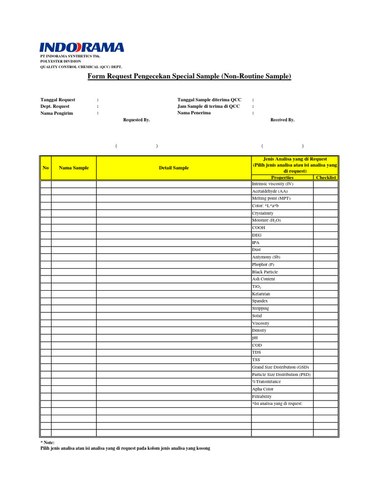 Form Request Pengecekan Special Sample (Non-Routine Sample) | PDF ...