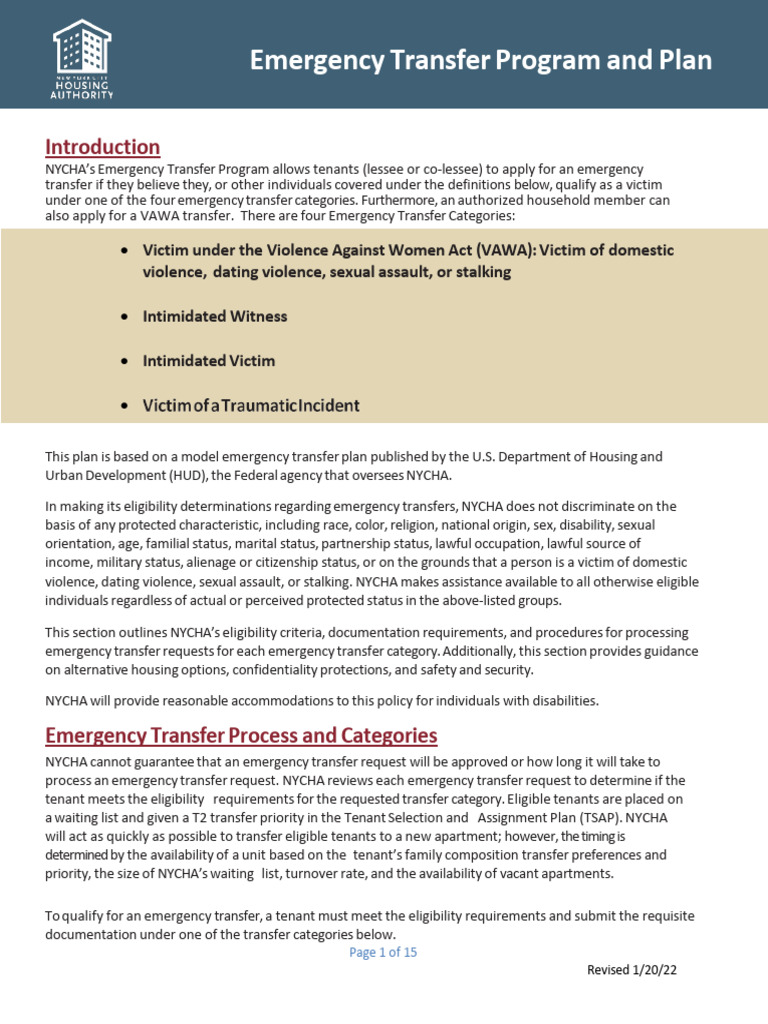 Emergency Transfer Plan en | PDF | Lease | Leasehold Estate