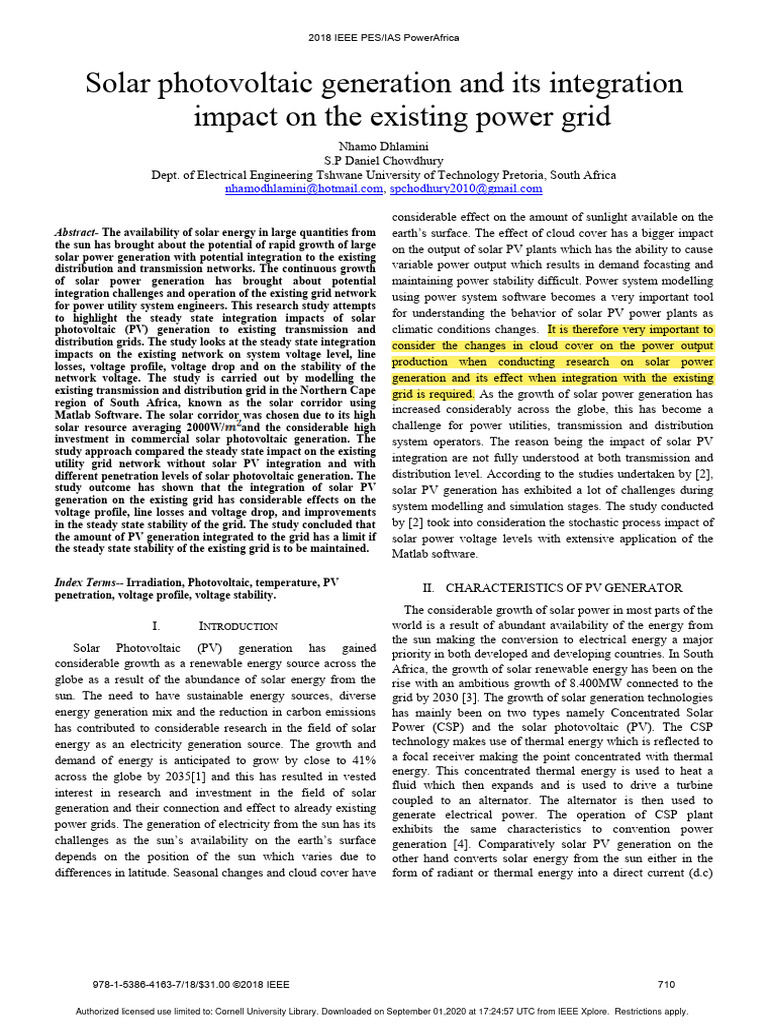 Solar Photovoltaic Generation and Its Integration Impact On The ...