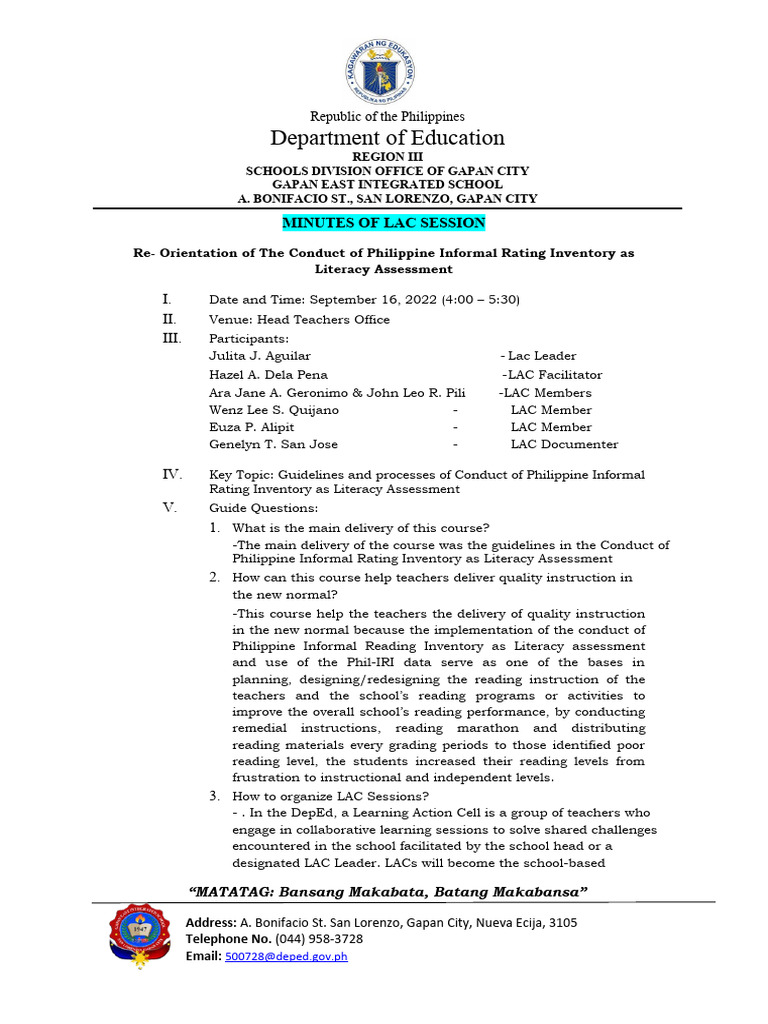 Minutes of Lac Sessions JHS | PDF | Teachers | Reading Comprehension