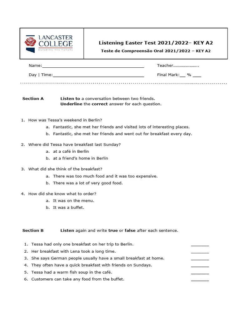 A2 Listening Test Key Easter 2021/2022 | PDF | Language Arts ...