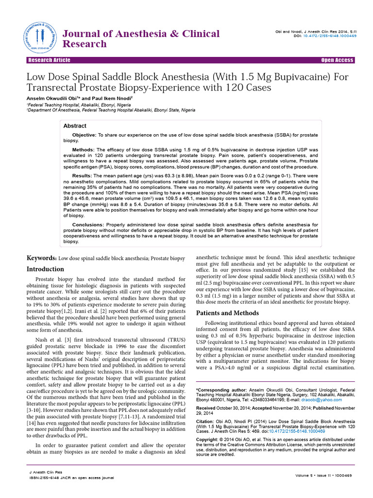 Low Dose Spinal Saddle Block Anesthesia With MG Bupivacaine For ...