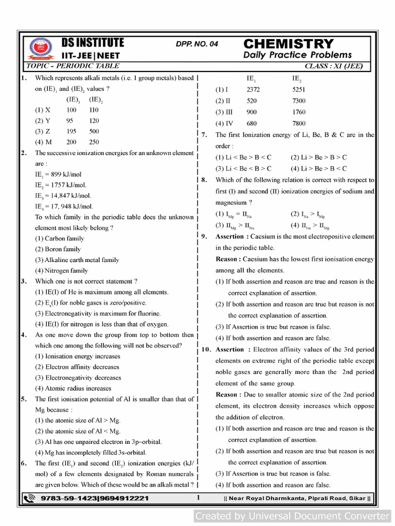 DPP 04-Periodic Table - E - (Himmat SIR) 04.09.2023 (46 Copies) | PDF