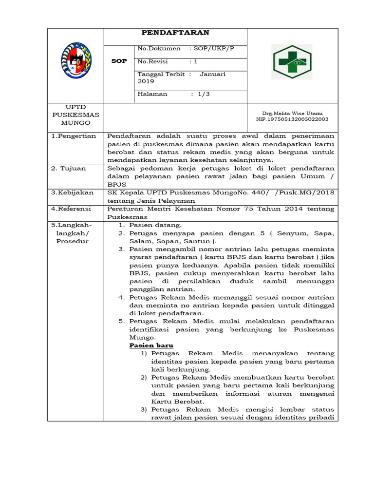 Ep 7.1.1.1 Sop Pendaftaran | PDF