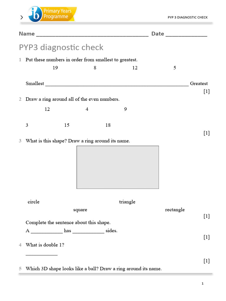 PYP3 Math Diagnostic Check | PDF
